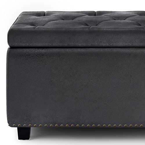 SIMPLIHOME Hamilton 48 inch Wide Rectangle Lift Top Storage Ottoman in Upholstered Distressed Black Tufted Faux Leather with Large Storage Space for Living Room, Entryway, Bedroom, Transitional