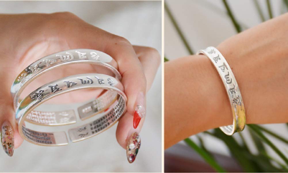 DUANMEINAD Fashion Open Bracelet With Chinese Word Bangle Buddhist Heart Sutra For Man & Women Cuff Bangle (Vintage silver)