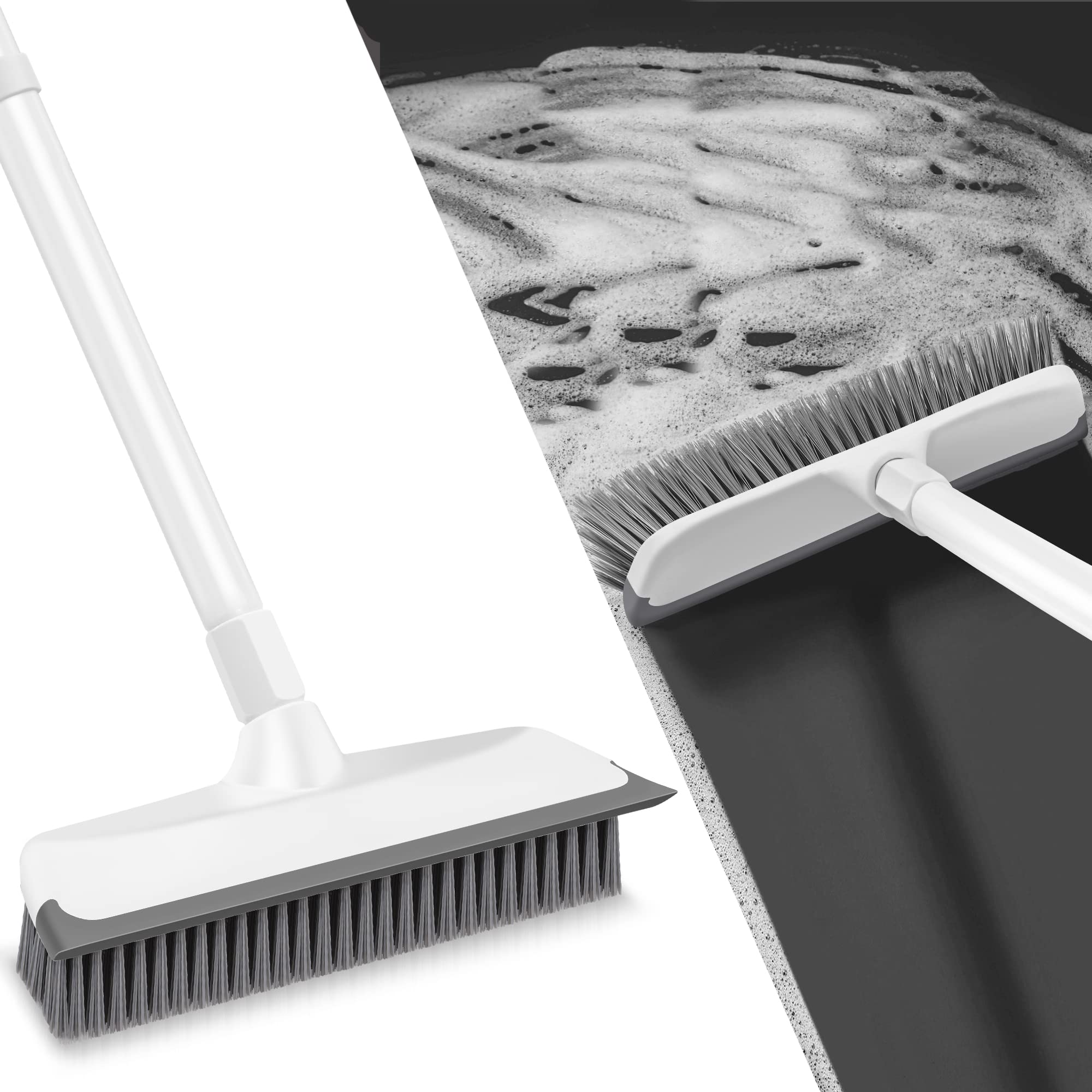 Floor Scrub Brush with Squeegee, Floor Brush Scrubber with 55'' Firm Long Handle, Shower Cleaning Brush for Bathroom, Patio, Kitchen, Wall and Deck