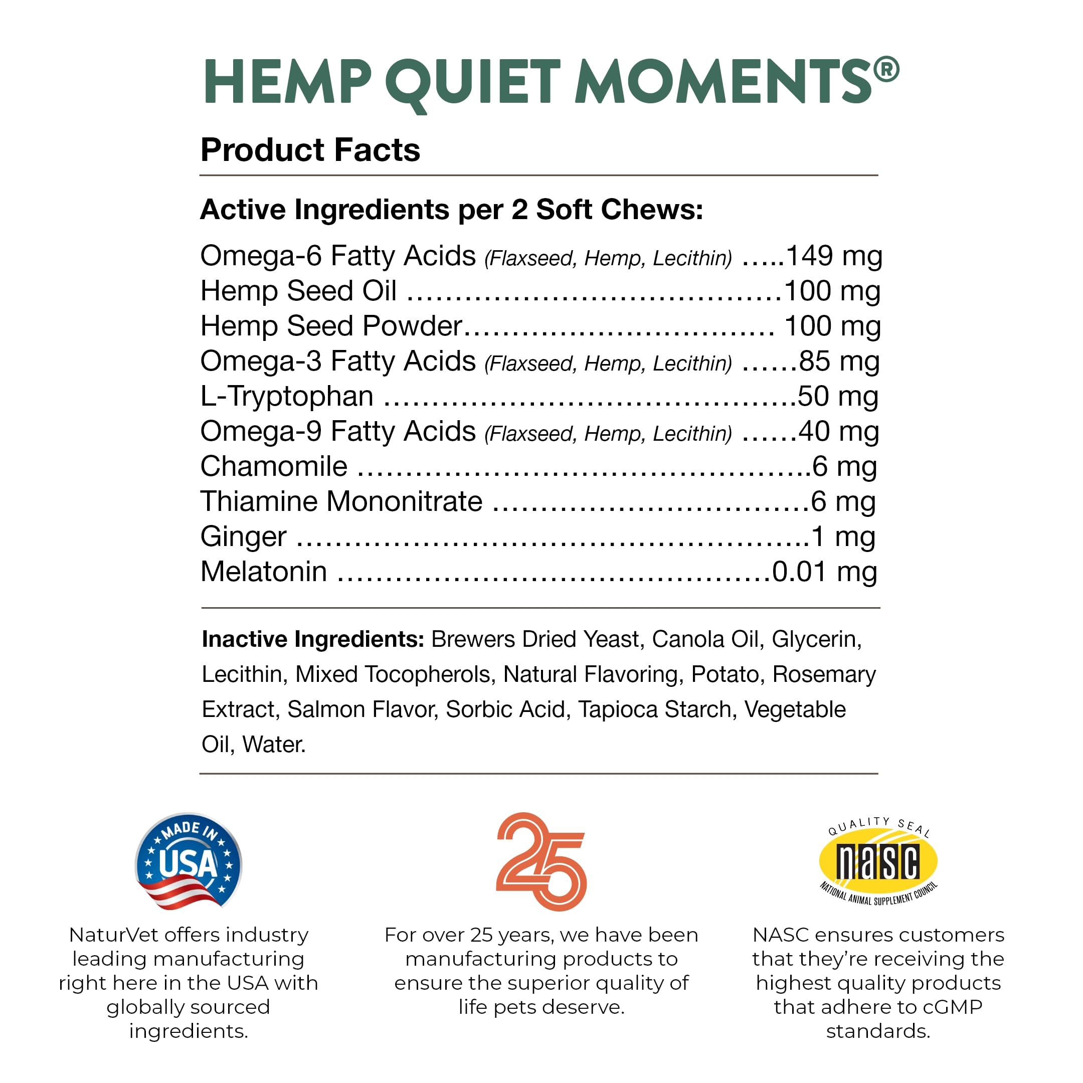 NaturVet Hemp Quiet Moments Plus Hemp Seed for Cats, 60 ct Soft Chews, Made in USA