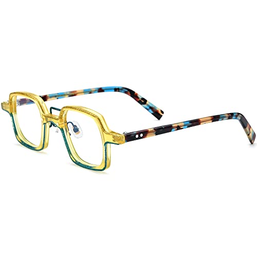 HEPIDEM Powder Acetate Glasses Frame Men Vintage Square Eyeglasses Women Optical Spectacles (9318 Yellow Blue)