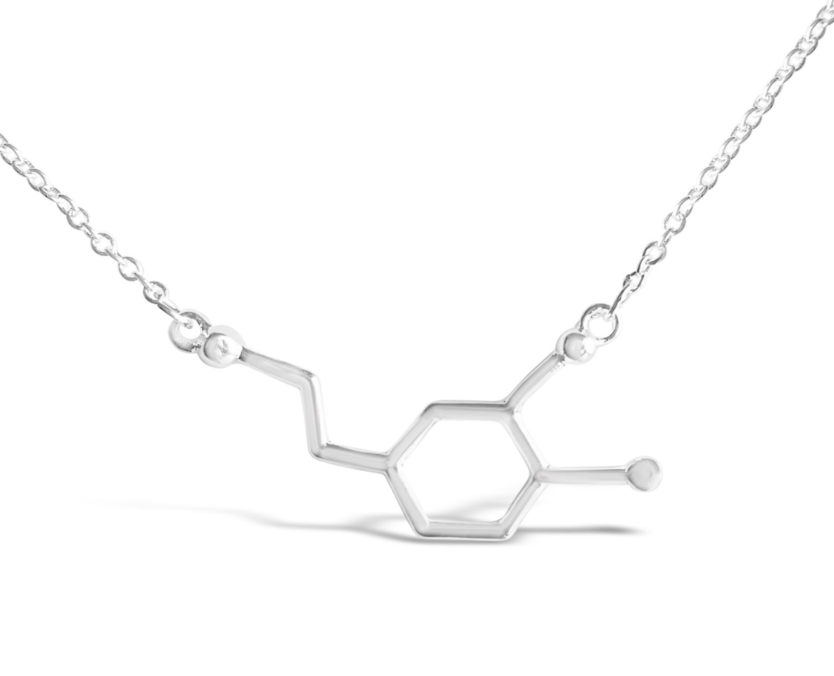 Dopamine Molecule Necklace For A Good Start Of The New Year, Ideal For Chemistry Gifts, Biology Gifts, Psychology Gifts In Science Jewelry (Silver Tone)