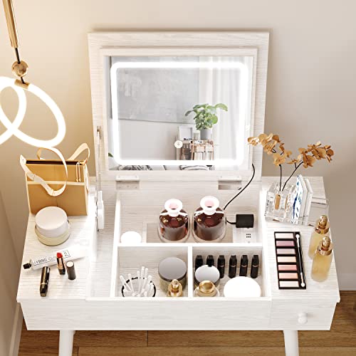 IRONCK Vanity Desk Set with LED Lighted Mirror & Power Outlet, Flip Top Makeup Vanity Table with Drawers & Cabinet,for Bedroom, Bathroom, Black