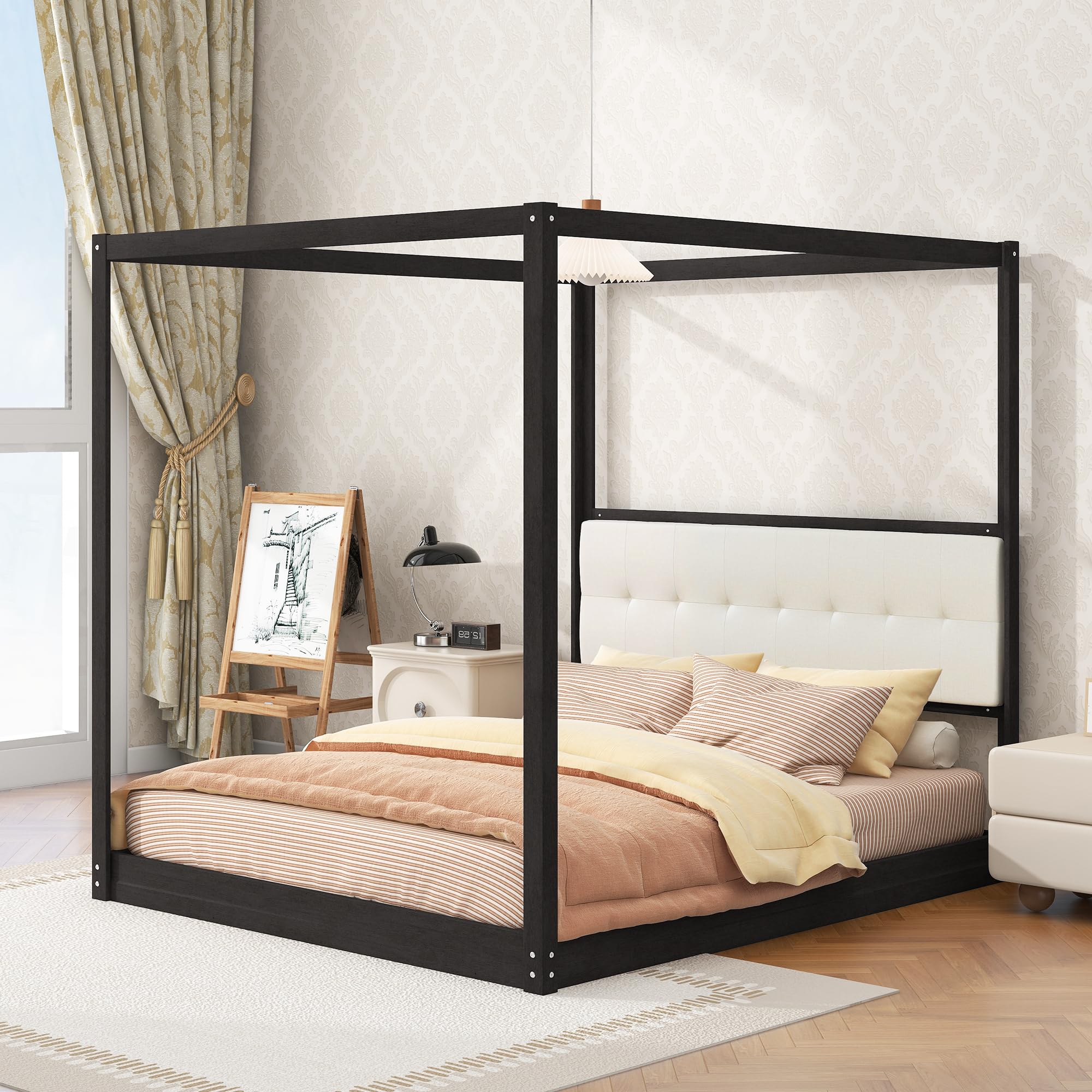 EMKK Canopy Bed Frames Platform Bed Frame Four-Poster Canopied Bed Mattress Foundation with Headboard,No Box Spring Needed Easy Assembly,King Size Wooden Canopy Platform Bed with Upholstered Headboard