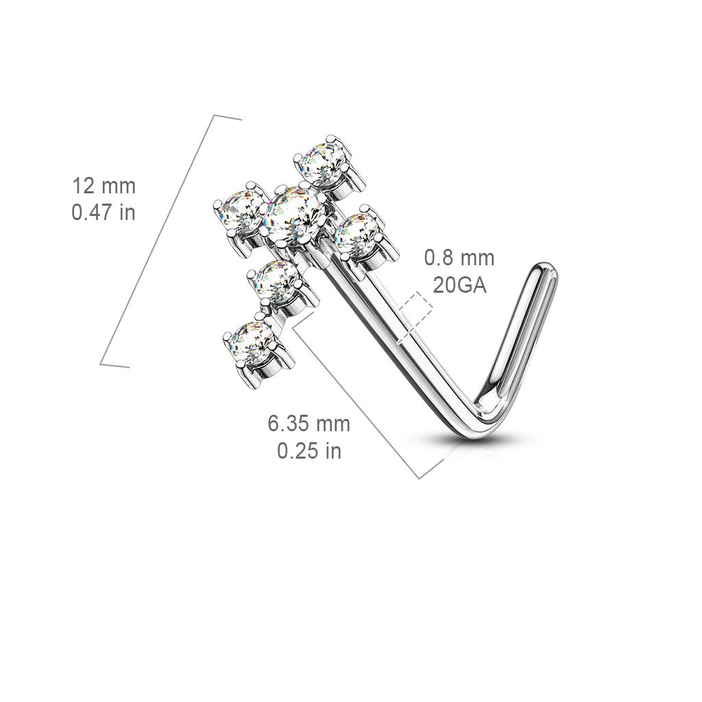 Dynamique CZ Cross 316L Surgical Steel L Bend Nose Stud Ring (Sold Per Piece)