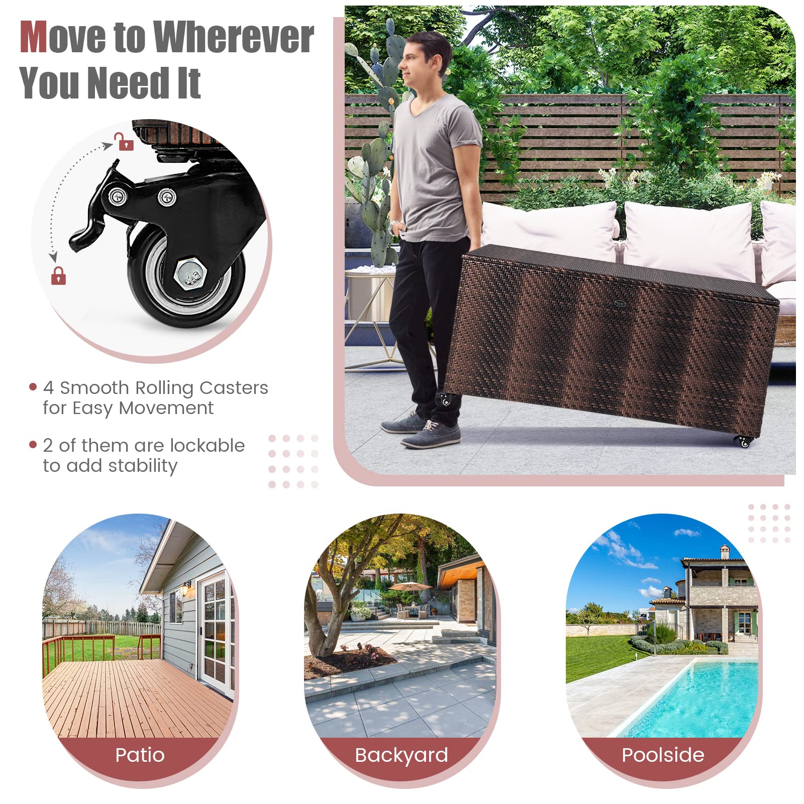 Tangkula 96 Gallon Deck Box, PE Wicker Outdoor Storage Box with 4 Wheels and Waterproof Liner, Outdoor Rectangular Storage Container for Cushions, Garden Tools, Pool Accessories (Mix Brown)