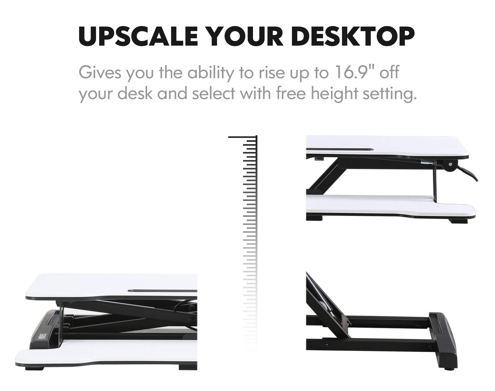 FITUEYES Stand Up Desk Standing Desk Converter Riser Adjustable Office Desk for Laptop with Deep Removable Keyboard Tray White SD260003WW