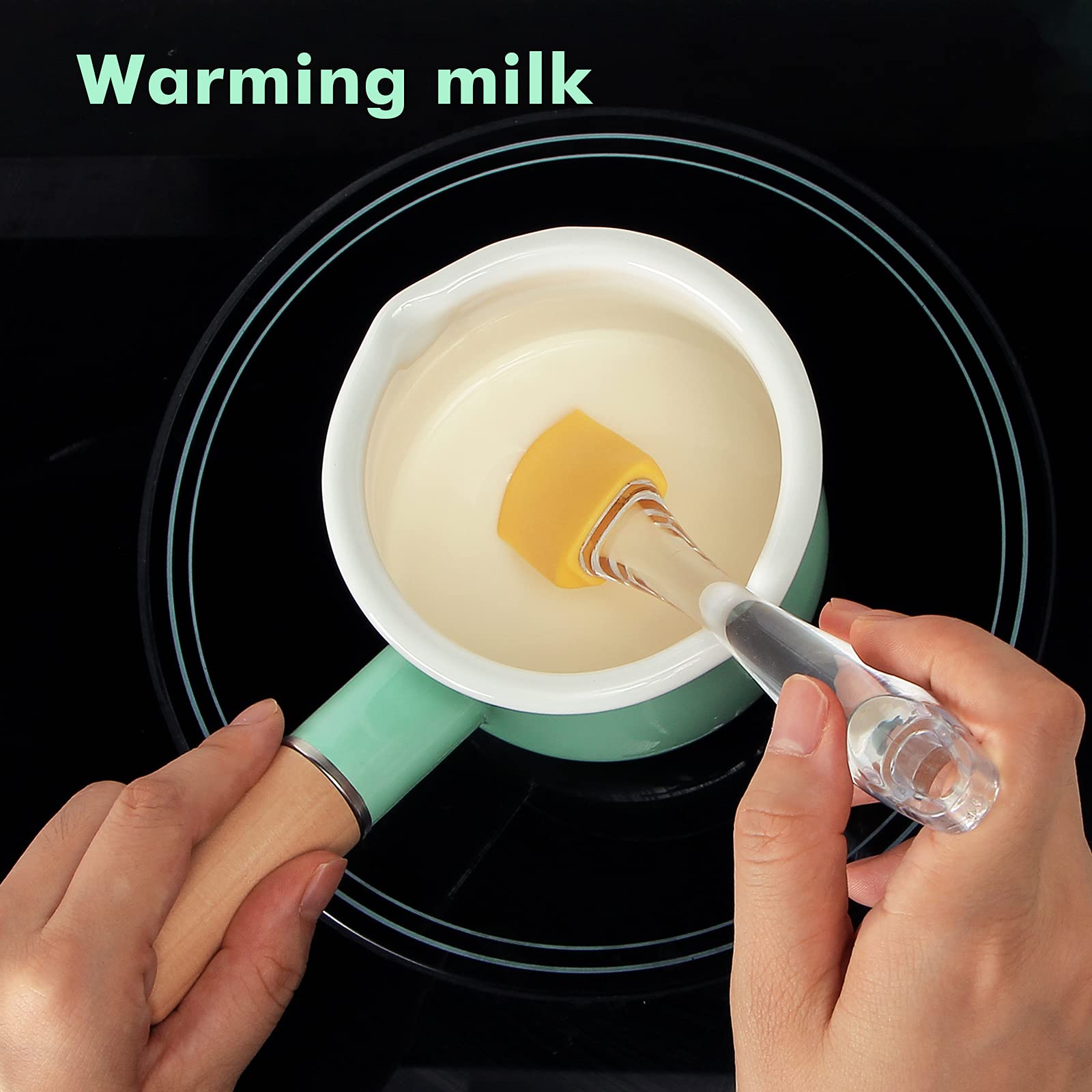 Enamel Milk Pan, Mini Butter Warmer 4 Inch 550ml Milk Pot Half Quart Saucepan Small Enamelware with Wooden Handle for Heating Milk, Melting Butter, Boiling Water