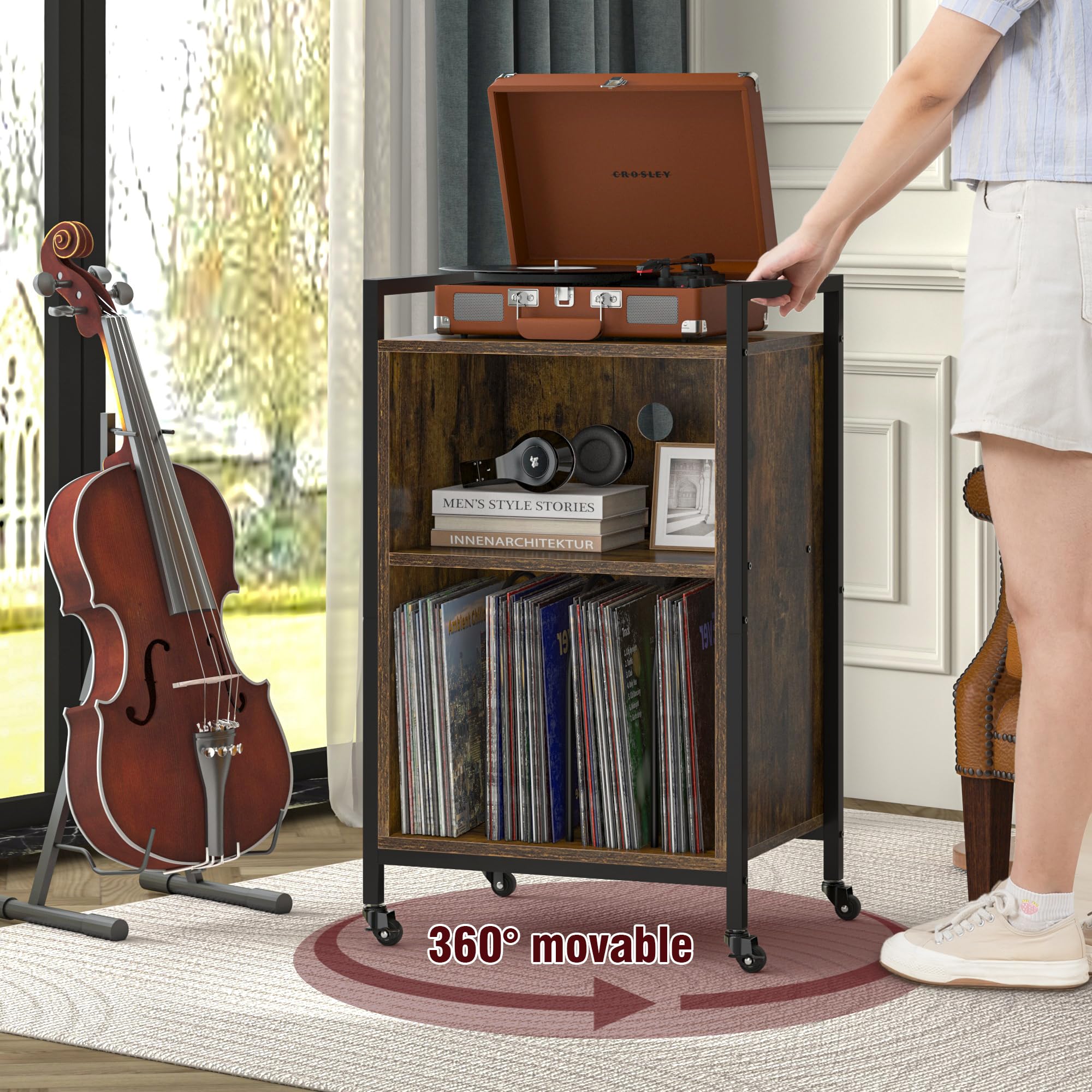 Entrintou Record Player Stand, Mid Century Turntable Stand, 3-Shelf Vinyl Record Holder with Vinyl Record Storage, Rustic Brown Record Player Table Cabinet with Handle for Living Room, Bedroom, Office