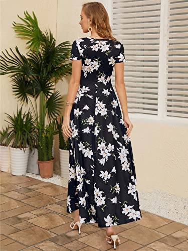 ZABERRY Womens Floral Maxi Dresses Summer Short Sleeve Round Neck Long Dress Lily Floral L