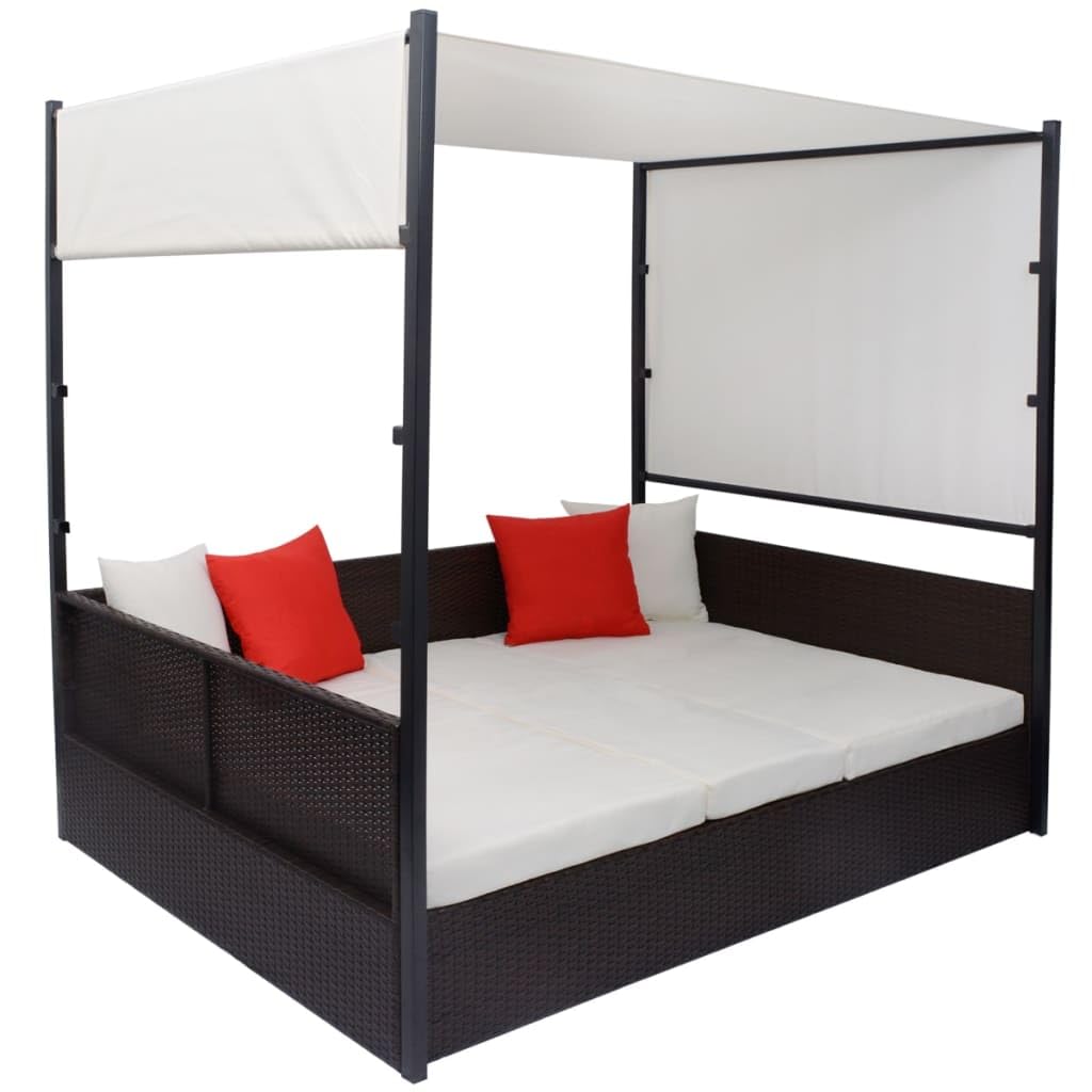 vidaXL Patio Bed, Outdoor Double Chaise Lounge with Canopy, Patio Furniture for Outdoor Courtyard Poolside Balcony, Brown Poly Rattan