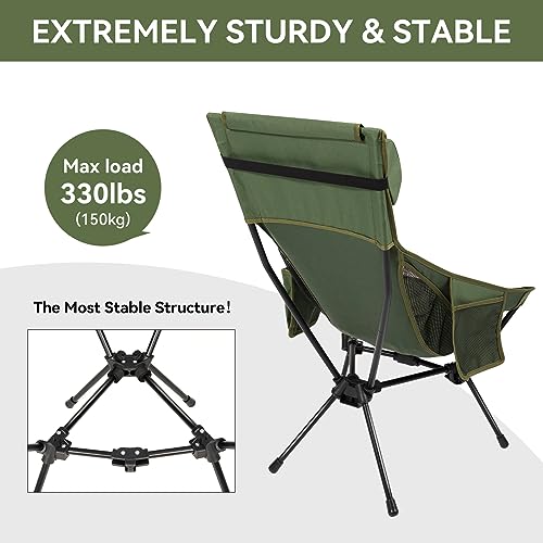 TOBTOS High Back Camping Chair, Lightweight Camping Chair with Headrest, Stable Portable Folding Chair for Outdoor Camp, Hiking, Backpacking (Green)