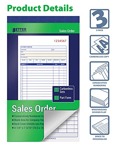 Sales Order Books, 3 Pack, 2-Part Carbonless (White/Canary Yellow), 4-1/8 x 7-3/16 inches, by Better Office Products, 50 Sets per Book, 150 Total Sets, 3 Books