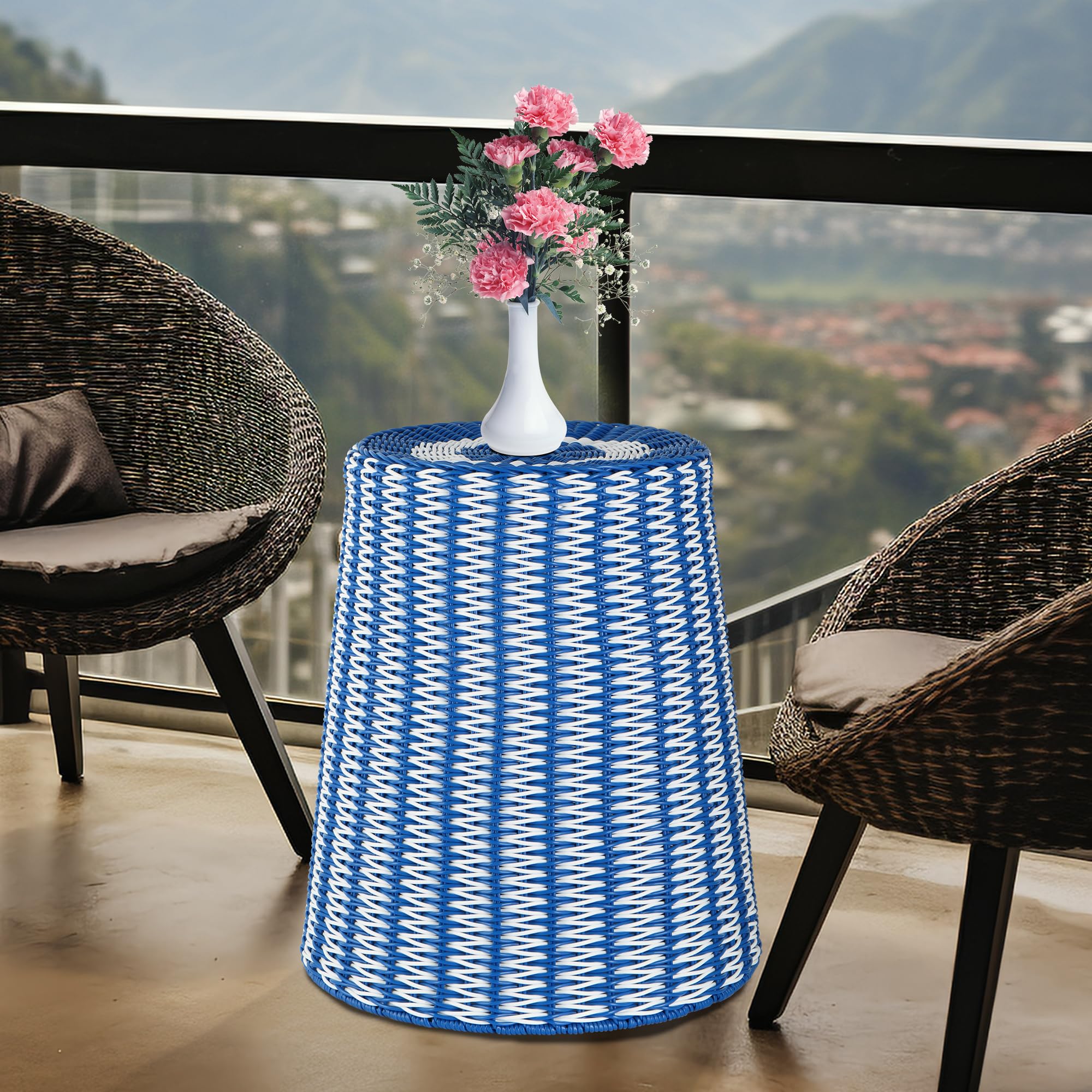 DUSVALLY Wicker Stool for Patio & Garden, Decorative Outdoor Woven Wicker Accent Side Table Storage Stool Basket, 18" H Ottoman Footstool for Bedroom Balcony Deck Seat Furniture, Blue