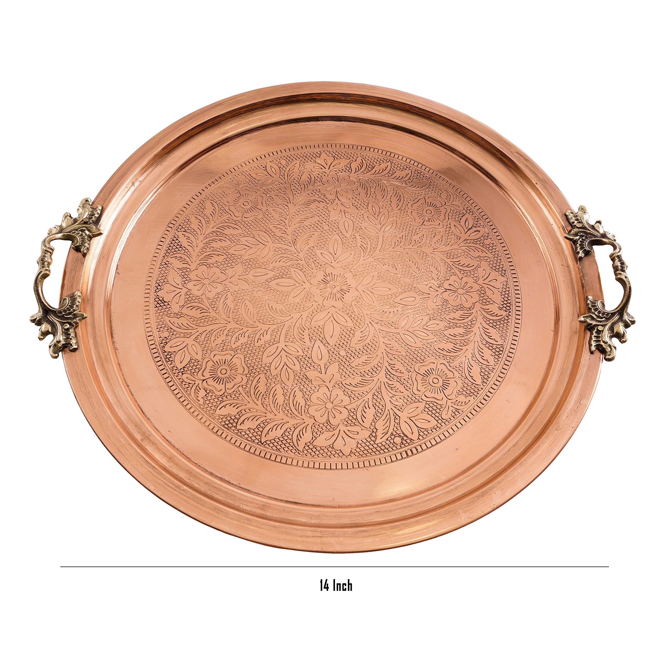 Hammered Copper Serving Tray with Brass Handle - Decorative Round Coffee Table Tray - Multi-Purpose Kitchen Food Tray Decorative for Breakfast, Dinner, and Parties, 14 Inch (Flower Design)