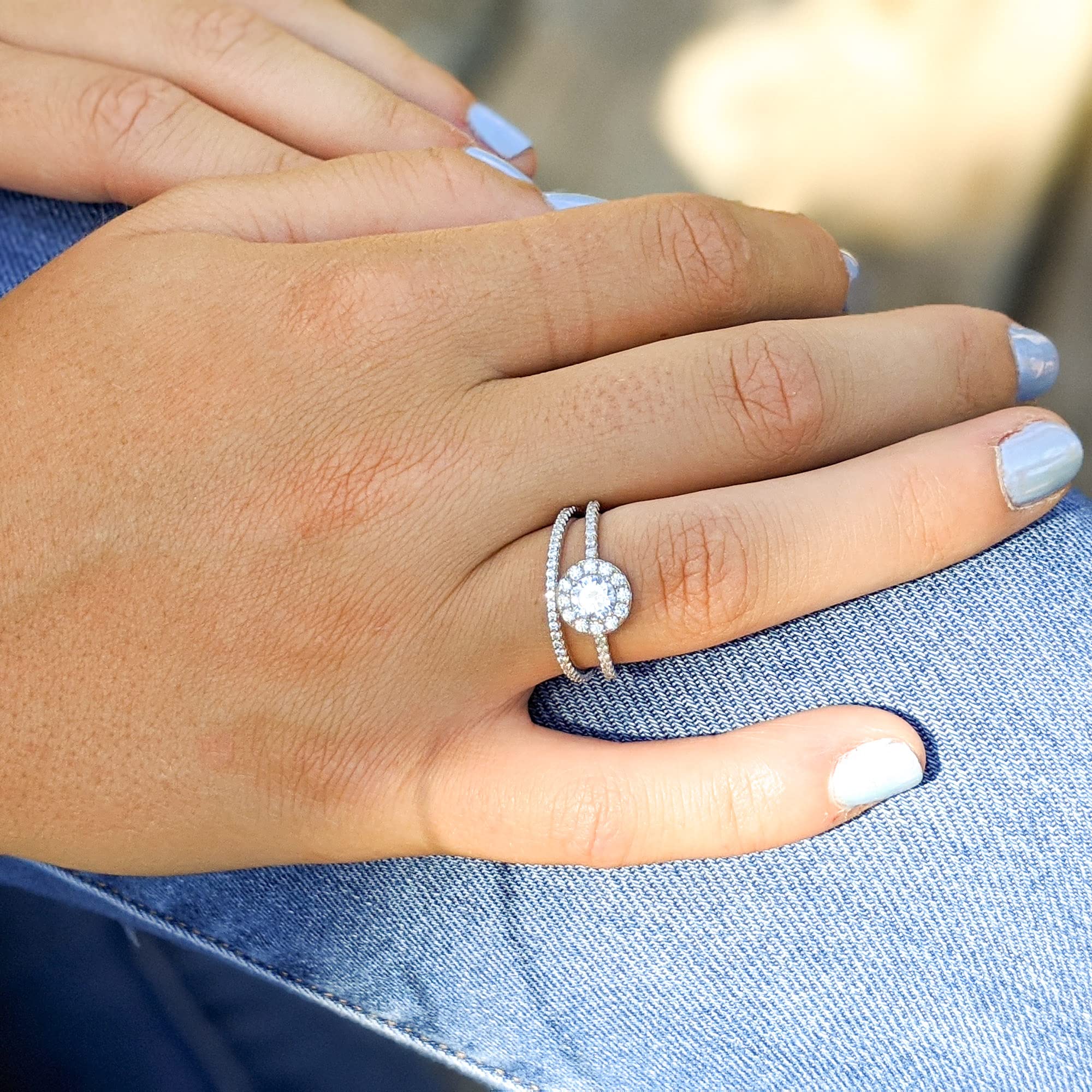 espere 18K Gold Plated Sterling Silver Full Eternity Band | Cubic Zirconia Paved Wedding Band | Thin CZ Stacking Ring (Silver, 9)