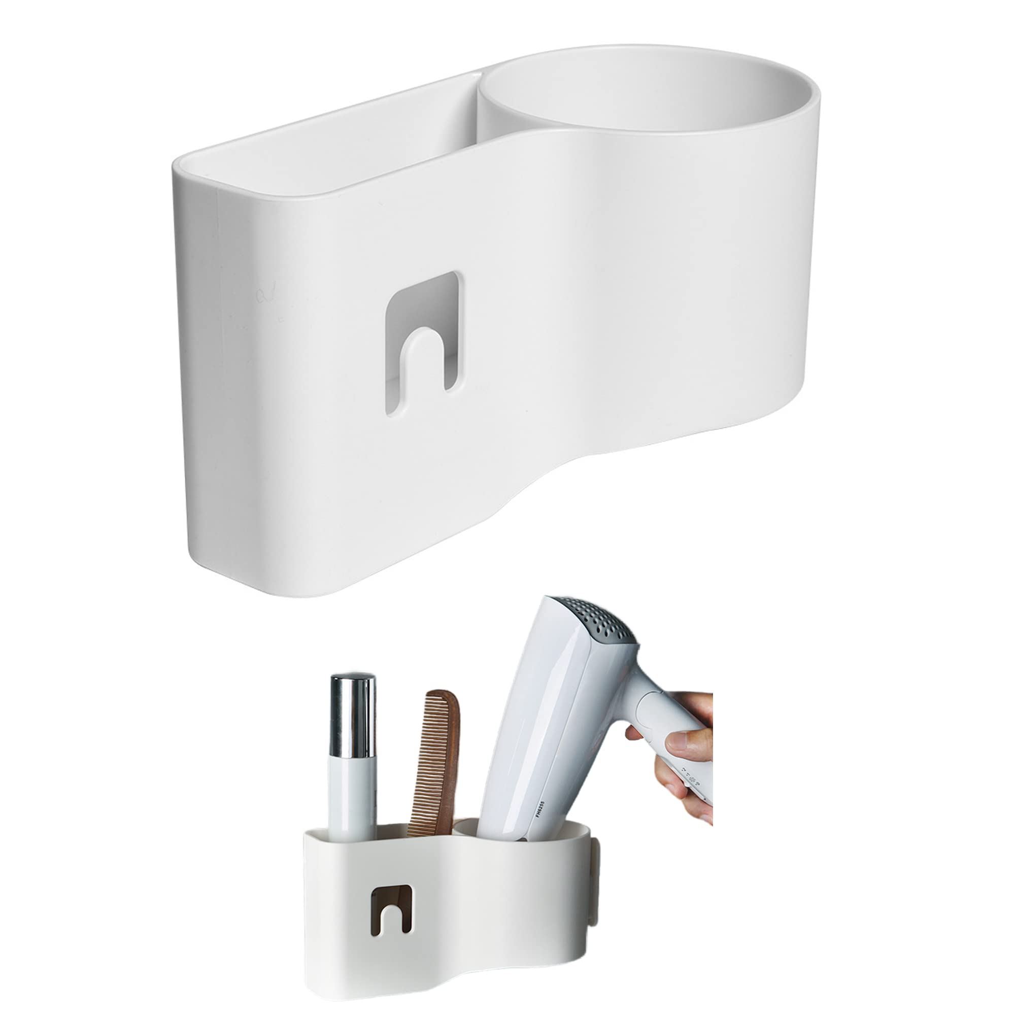 SooGree Hair Dryer Holder - White Hair Tool Organizer Bathroom Blow Dryer Holder Wall Mounted Hot Tool Holder for Curling Iron Hair Straightener Hair Styling Tools Storage Small Punching Free