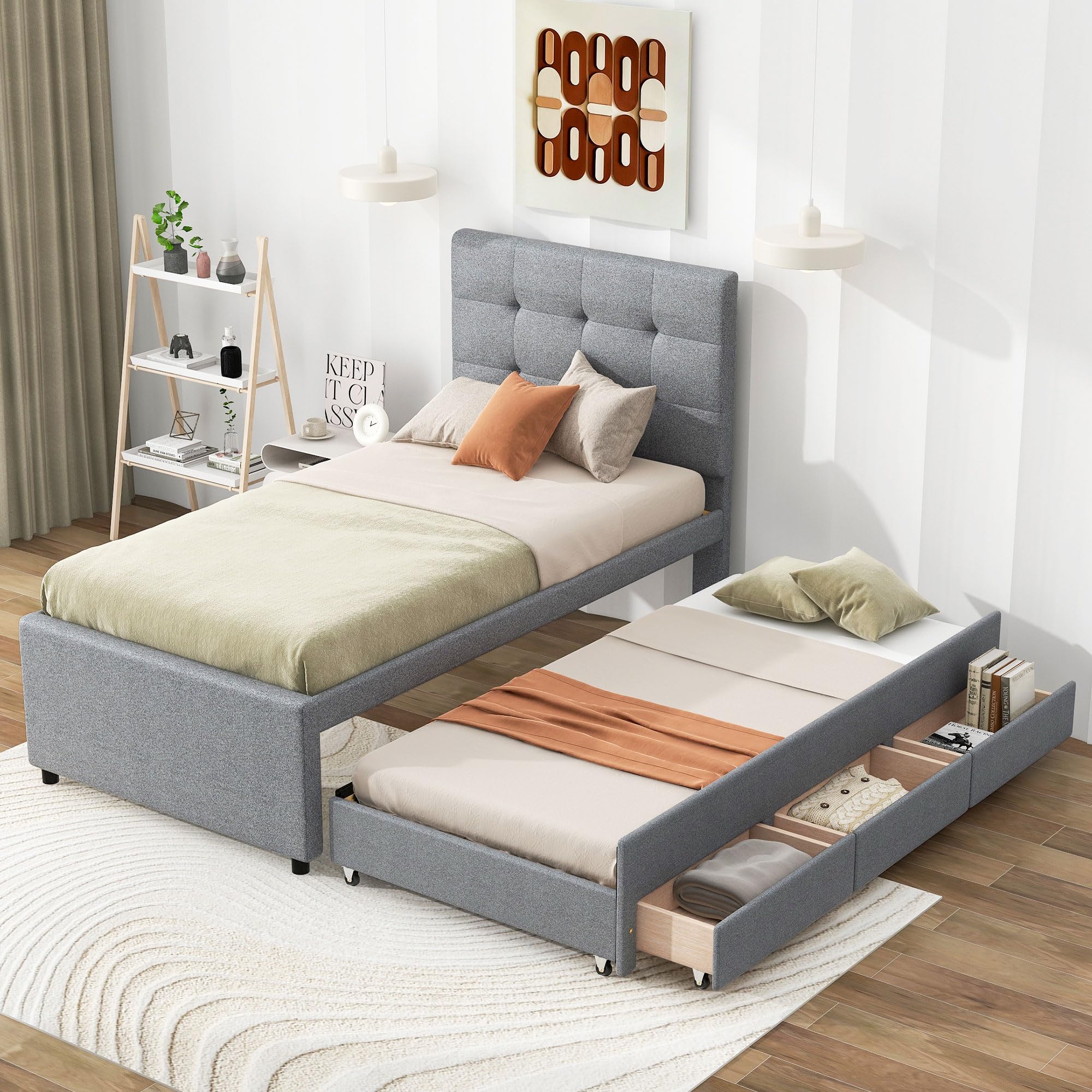 DNYN Upholstered Twin Size Platform Bed with Trundle & 3 Drawers for Kids Bedroom,Solid Wood Bedframe w/Storage & Headboard,No Box Spring Needed & Super Save Space,80.5" L x 80.75" W x 56.25" H, Gray