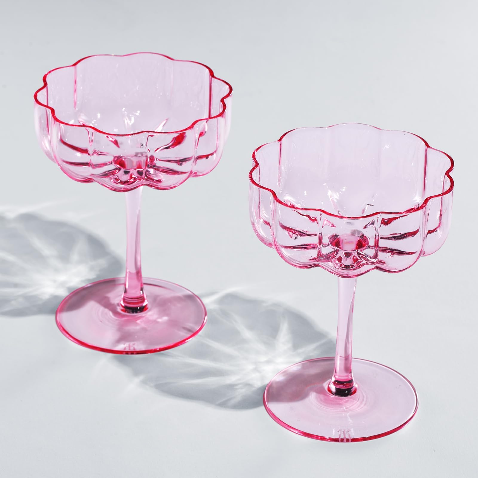 Flower Vintage Wavy Petals Wave Glass Coupes 7oz Colorful Cocktail, - Set of 2 - Rippled & Champagne Glasses, Prosecco, Martini, Mimosa, Cocktail Set, Bar Glassware Copyright & Patent Pending (Pink)