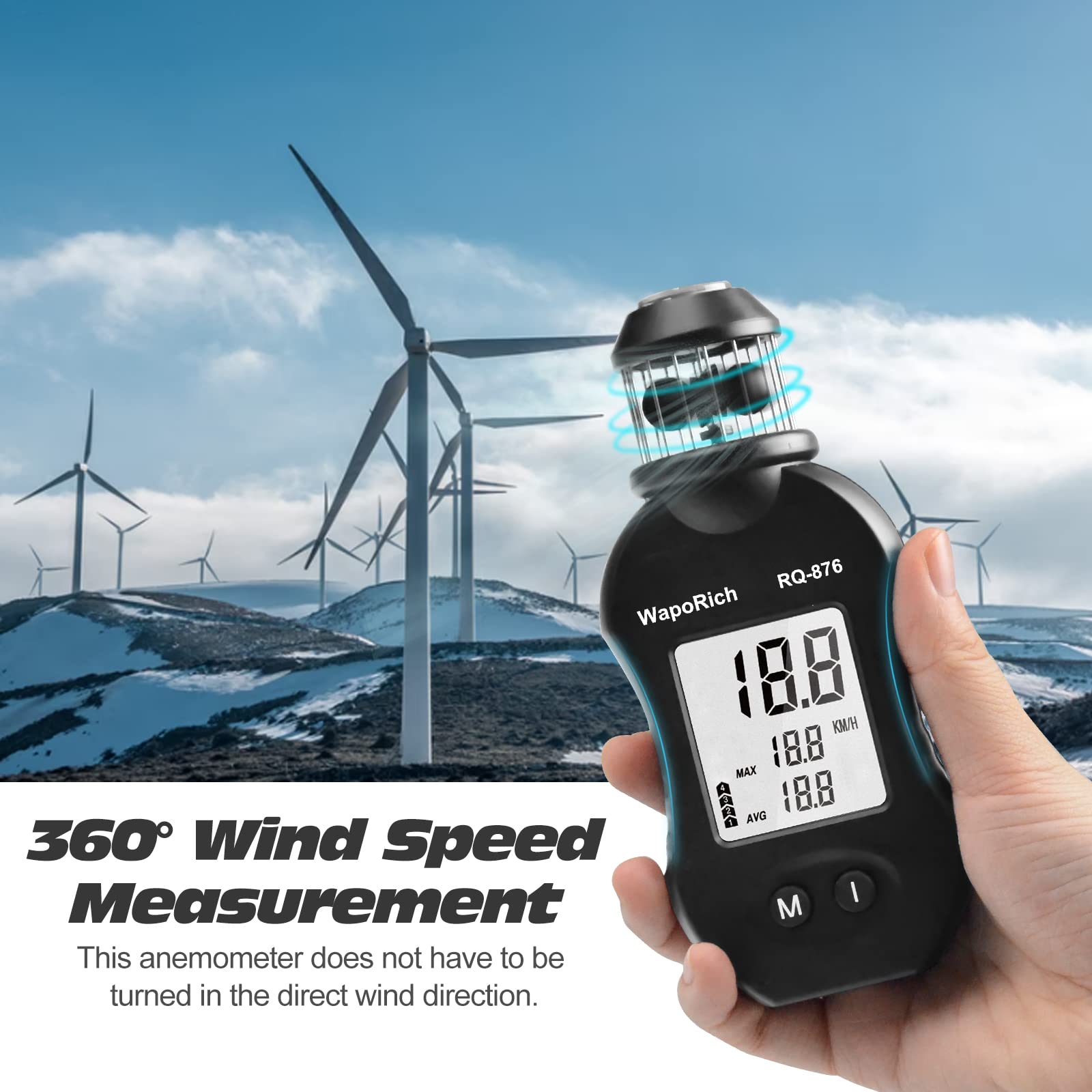 Digital Anemometer Handheld Wind Speed Meter with 360°Rotation Wind Senser with Big LCD Back-Light for Wind Speed/Wind Temperature/Max/Avg for HAVC, Drone Flight, Fishing, Shooting -RQ-876