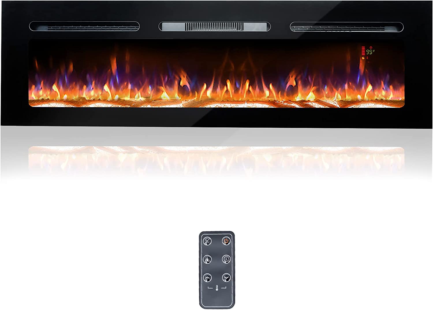 GOOD & GRACIOUS Electric Fireplace,1500W Recessed & Wall Mounted Electrical Fireplace with Bracket, Ultra Thin, Low Noise, Remote Control, Timer, Logset & Crystal, Adjustable Flame Color, Black, 60"