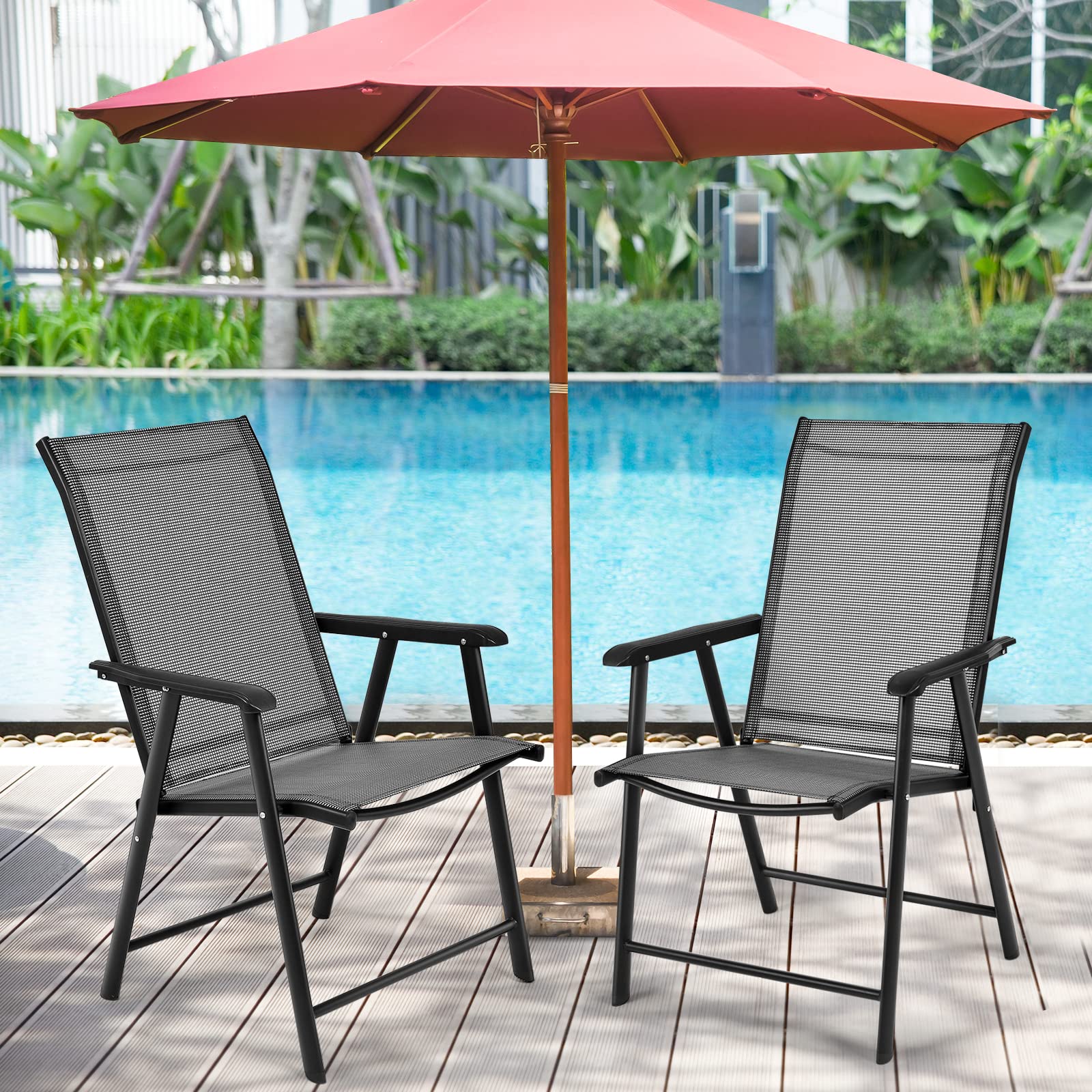 Tangkula Set of 4 Patio Folding Chairs, Fabric Dining Chairs with High Back & Armrests, Portable Camping Lounge Chairs with Sturdy Metal Frame, Outdoor Sling Chairs for Patio Lawn Garden (Grey)