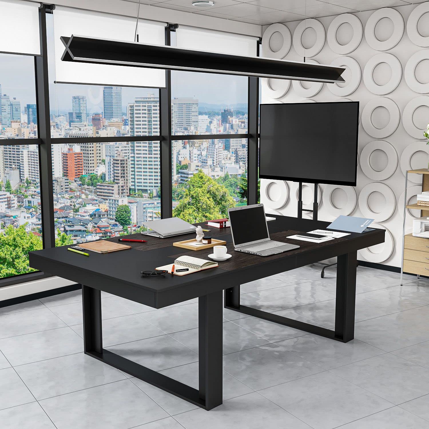 FAMAPY 7.2FT Conference Table Podcast Table, Black Metal Frame, Rectangular Office Table Meeting Table Podcast Table, Black and Deep Walnut (86.8”W x 47.2”D x 29.4”H)