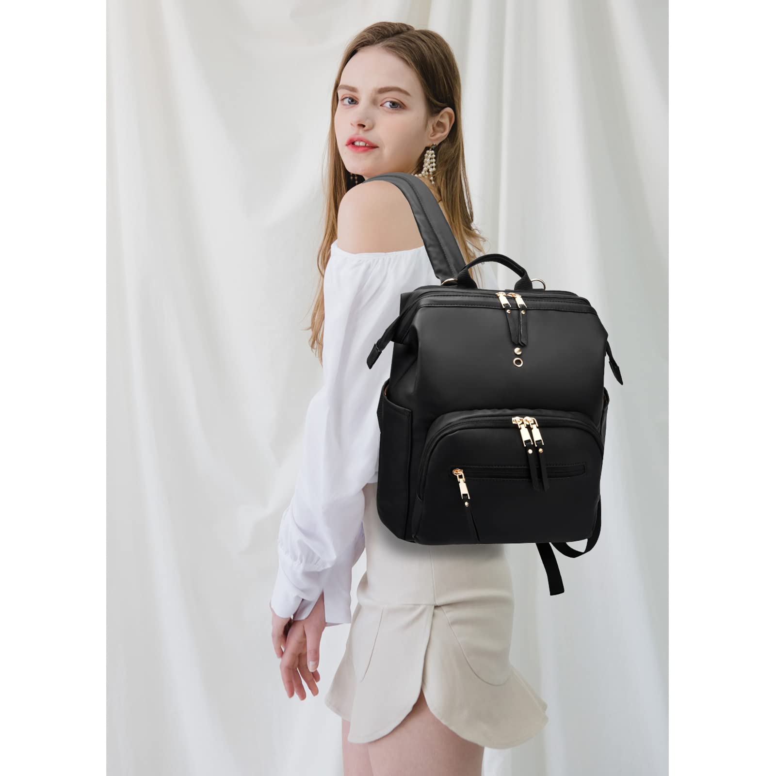 I IHAYNER Diaper Bag Backpack for Mom Leather Waterproof Multifunctional Large Capacity for Wet Clothes, Breast Pump, Milk Bottle Travel Baby Bag with Changing Pad, Stroller Straps Off-White