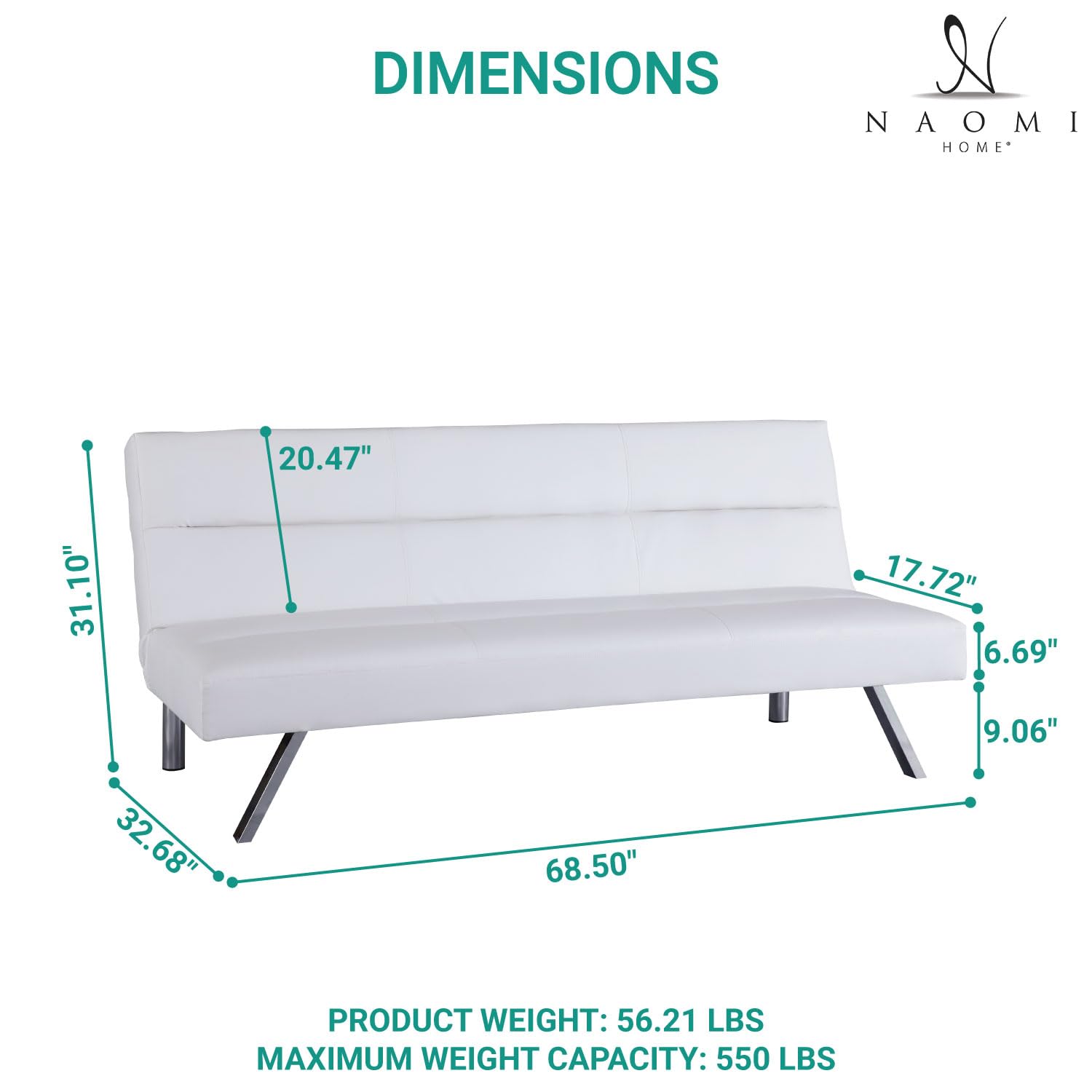 Naomi Home Faux Leather Futon Couch, Modern Convertible Folding Sofa Bed Couch Futon Sofa Bed with Chrome Legs, Reclining Mini Couch, Leather Futon Small Couch for Bedroom Living Room White