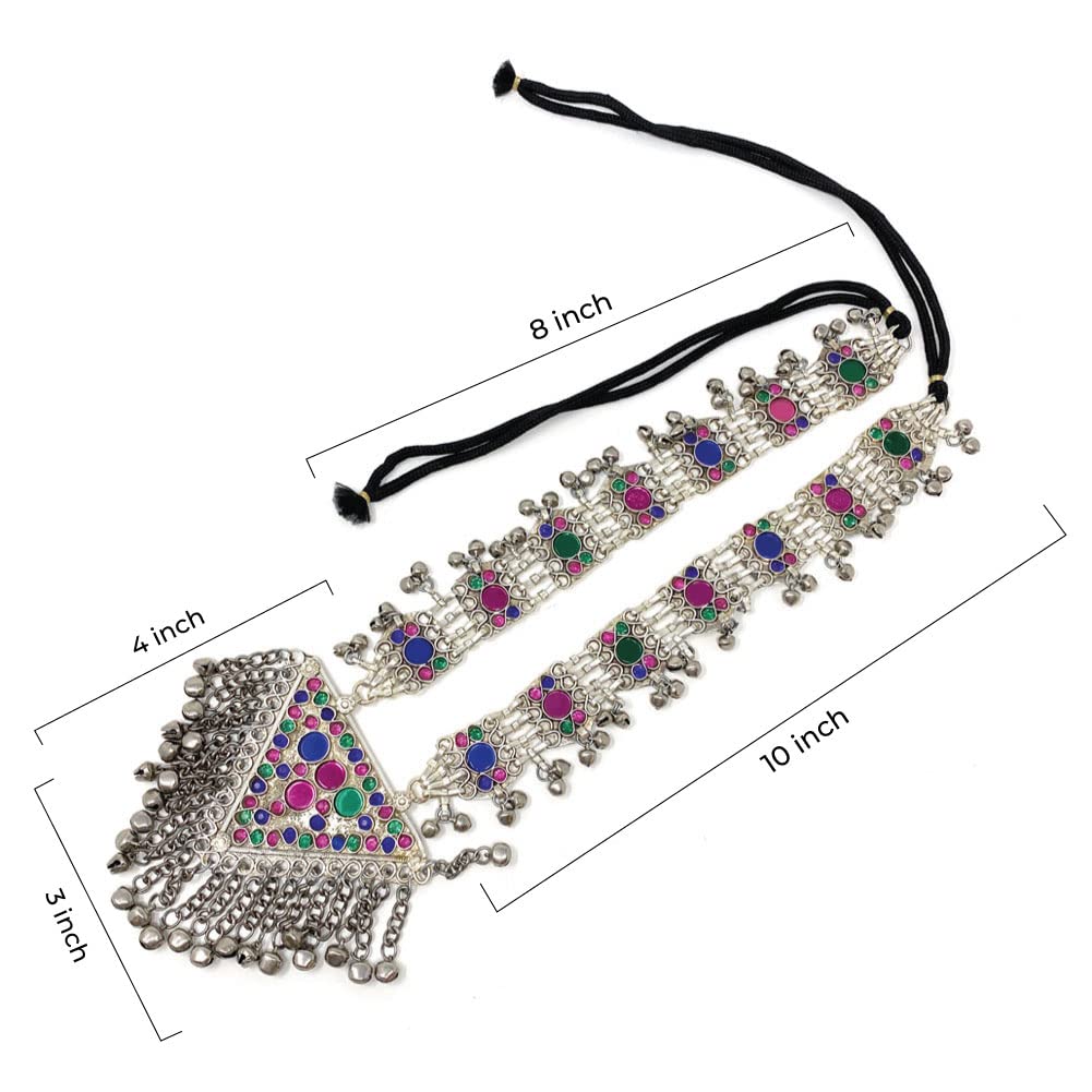 Duel On Jewel Afghan Tribal Womens Statement Kuchi Oxidized Metal Handmade Triangle Pendant Necklace in Multicolor - Bohemian Belly Dancing Dandiya Jewelry