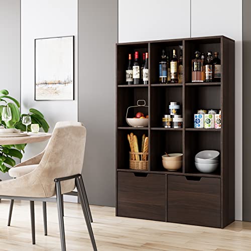 Senfot Bookcase 9 Cube, Modern Bookshelf Storage Cabinet with 2 Large Drawers, Free Standing Storage Organizer Book Shelves for Living Room, Office, Study, Brown