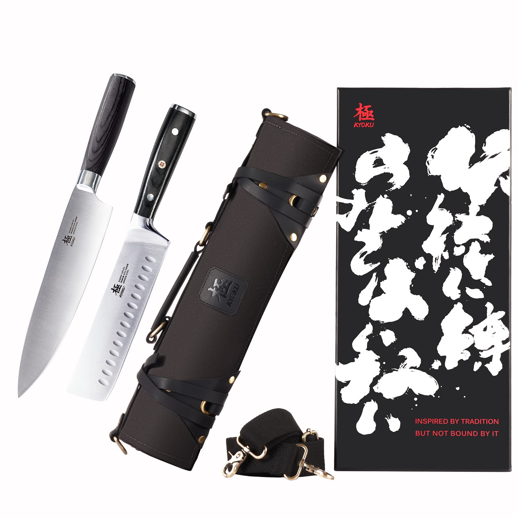 KYOKU Samurai Series Chef Knife + Nakiri Knife + Professional Chef Knife Roll Bag Black