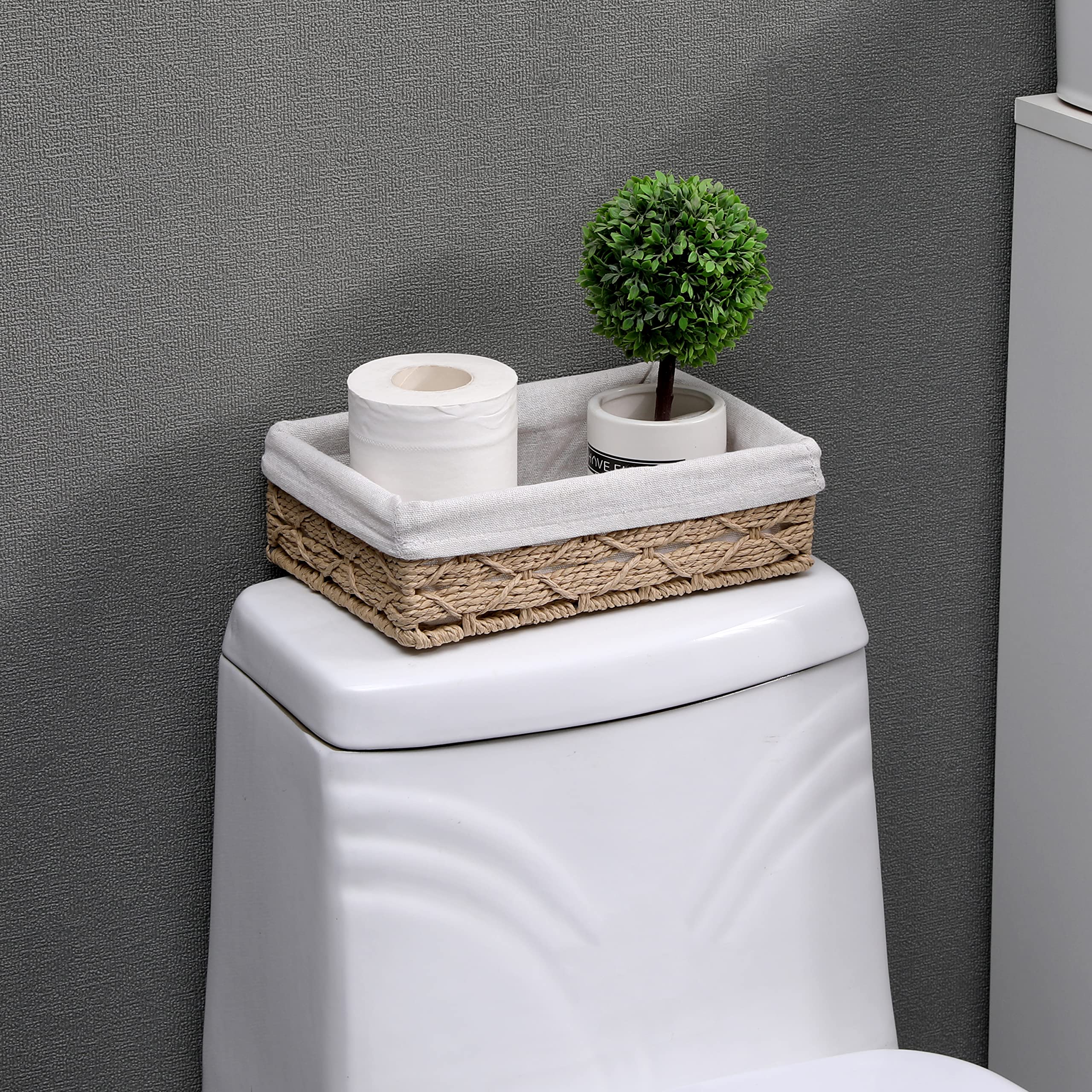 Sopsele Small Wicker Baskets for Organizing,Paper Rope Storage Basket,Desk Basket With Liner,Hand Towel Baskets, Baskets for Drawer Organizing, Toilet Tank Basket, Set of 2 Beige