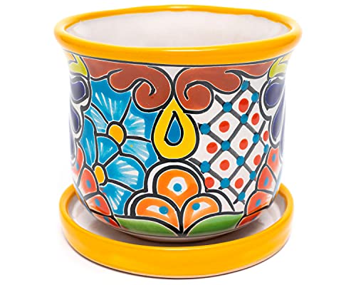 Enchanted Talavera Small Ceramic Flower Pot & Saucer Succulent Planter House Plant Cactus Bonsai Decorative Pot Plant Container 2-Piece Set (Marigold)