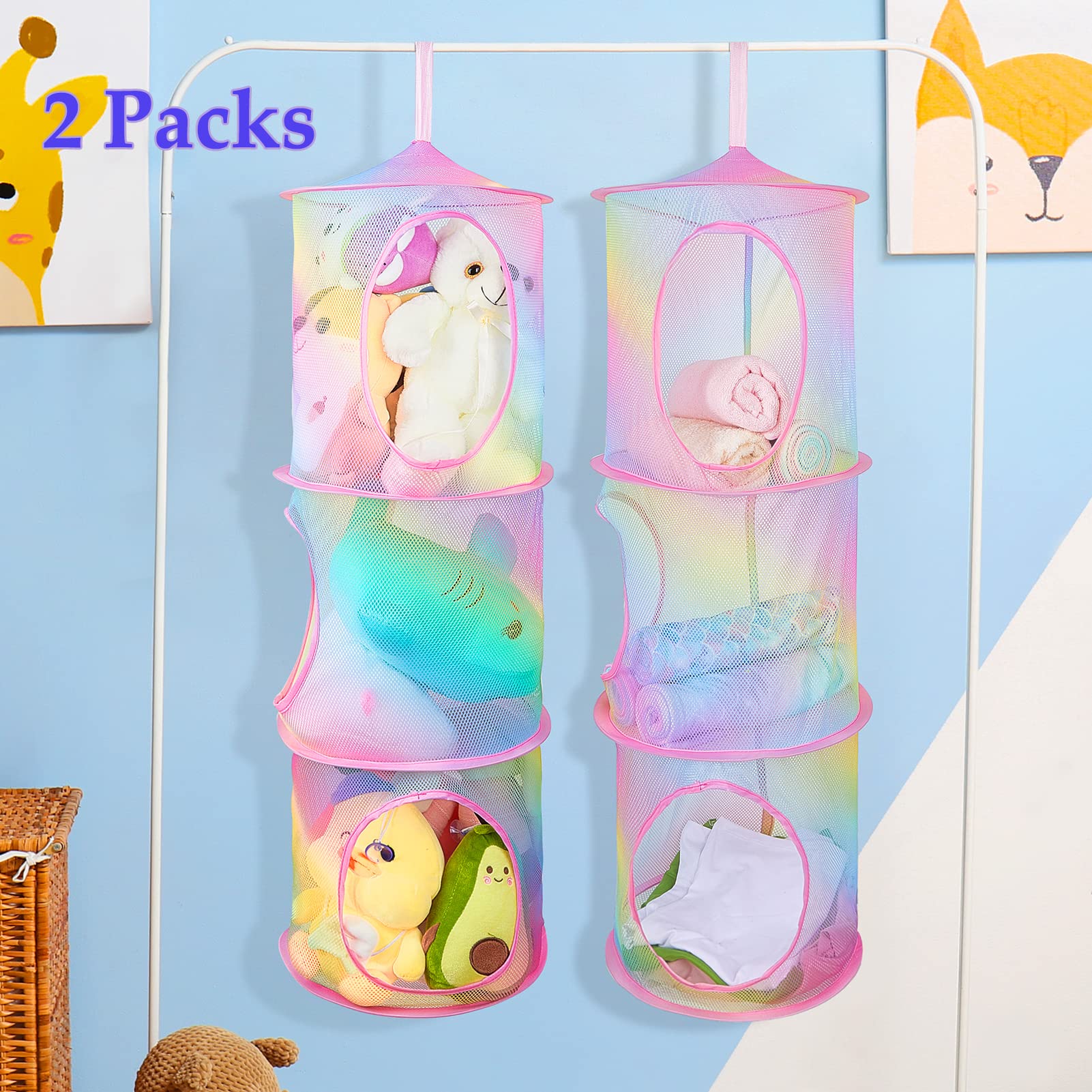 FIOBEE Stuffed Animals Hammock Net Toy Storage 2 Pack Hanging Stuffed Animals Organizer Holder Mesh Toy Organizer with 3 Compartments for Girls Room Closet Kids Playroom