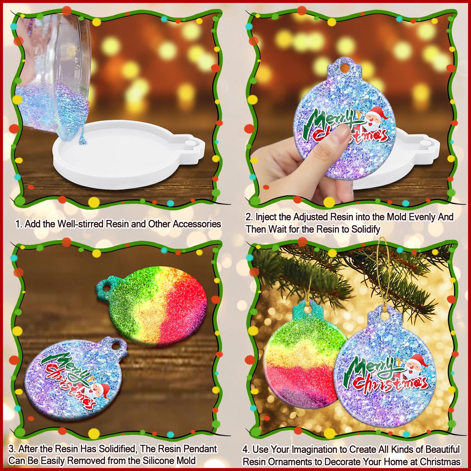 FEBSNOW 4PCS Christmas Ornaments Resin Molds Round Silicone Resin Ornaments Molds with Strings Epoxy Pendant Casting Molds for Resin Resin Molds Silicone for DIY Crafts Making Holiday Xmas Home Decor