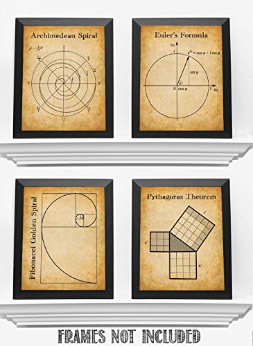 Math Art Prints-Archimedean Spiral, Euler's Formula, Fibonacci Golden Spiral, Pythagoras Theorem-Set of Four Gallery Wall 8x10 Unframed - Gift & Decor For Teachers, Classroom & Math Students Under $20