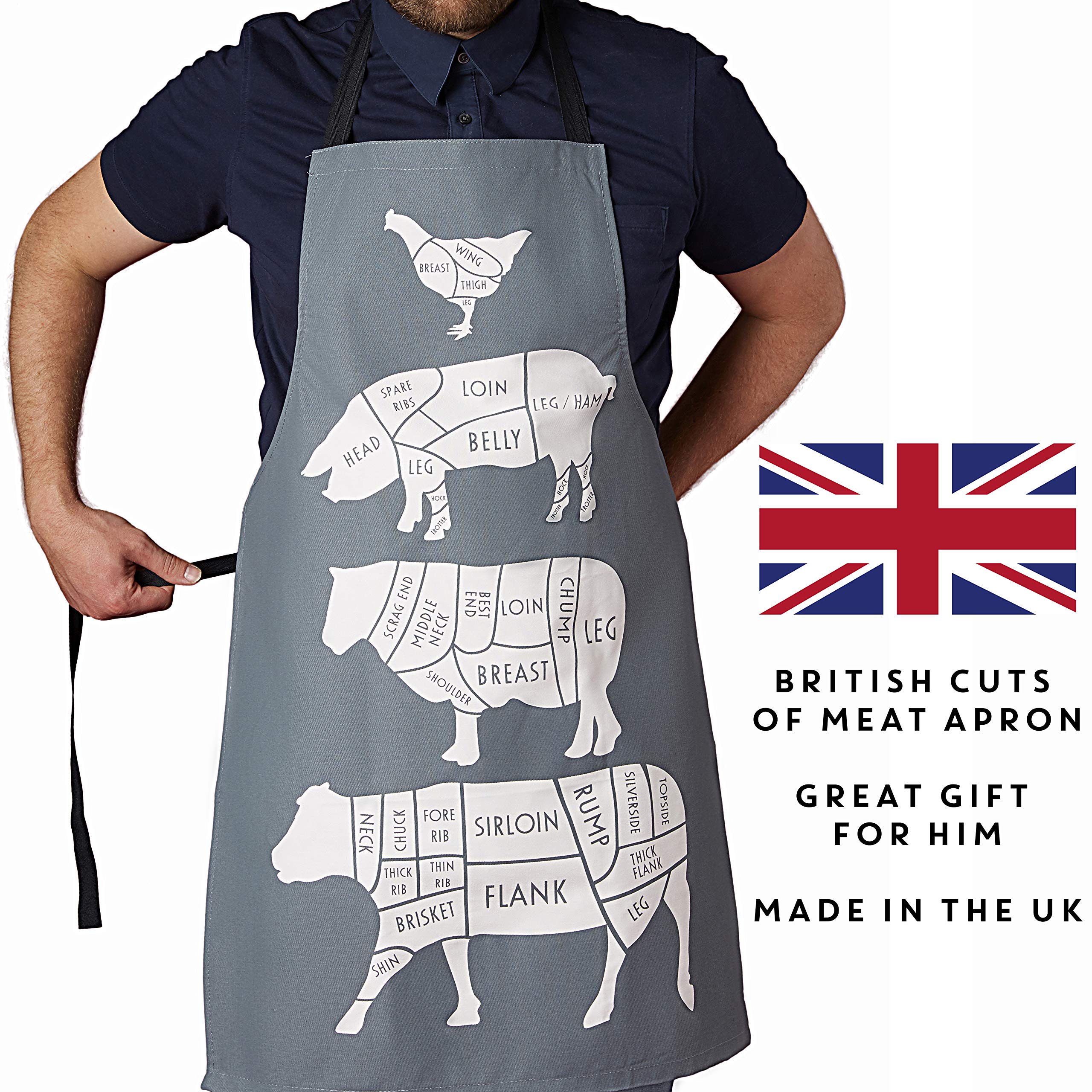 Huxters Chef Apron for Men β Bib Kitchen Apron Screen-Printed with British Meat Cuts β 100% Cotton Twill Protects the Grill Master from Grease Splatter and Stains