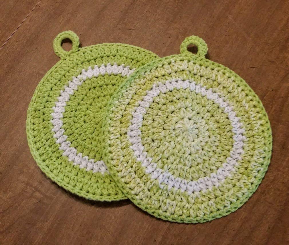 Hand Crocheted Large Round Potholders, Double Thick Cotton, set of two, reversible (Key lime green splash, solid Key lime green)