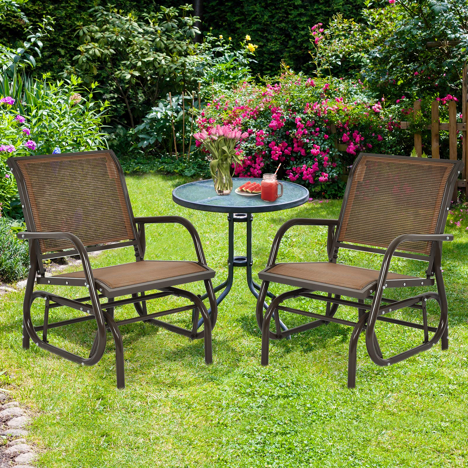 S AFSTAR Outdoor Patio Glider Chairs Set of 2, Porch Glider Swing with Breathable Mesh Fabric and Sturdy Steel Frame, Load Capacity 330LBS, Single Glider Chair for Outside Garden Backyard (Brown)