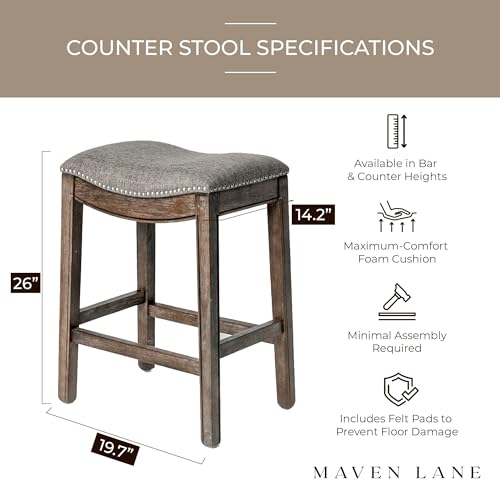 Maven Lane Adrien Backless Saddle Kitchen Counter Stool 25.7" H, Dark Walnut Finish and Stone Grey Performance Fabric, Nail Head Trim Design, Set of 2
