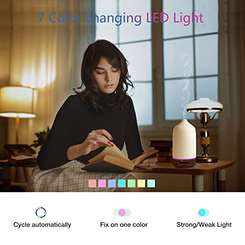 Essential Oil Diffuser Aromatherapy Humidifier - 300ML Ceramic Ultrasonic Defuser Quiet Aroma Infuser Air Vaporizer with 7 Lights & 2 Mist for Home Large Room White