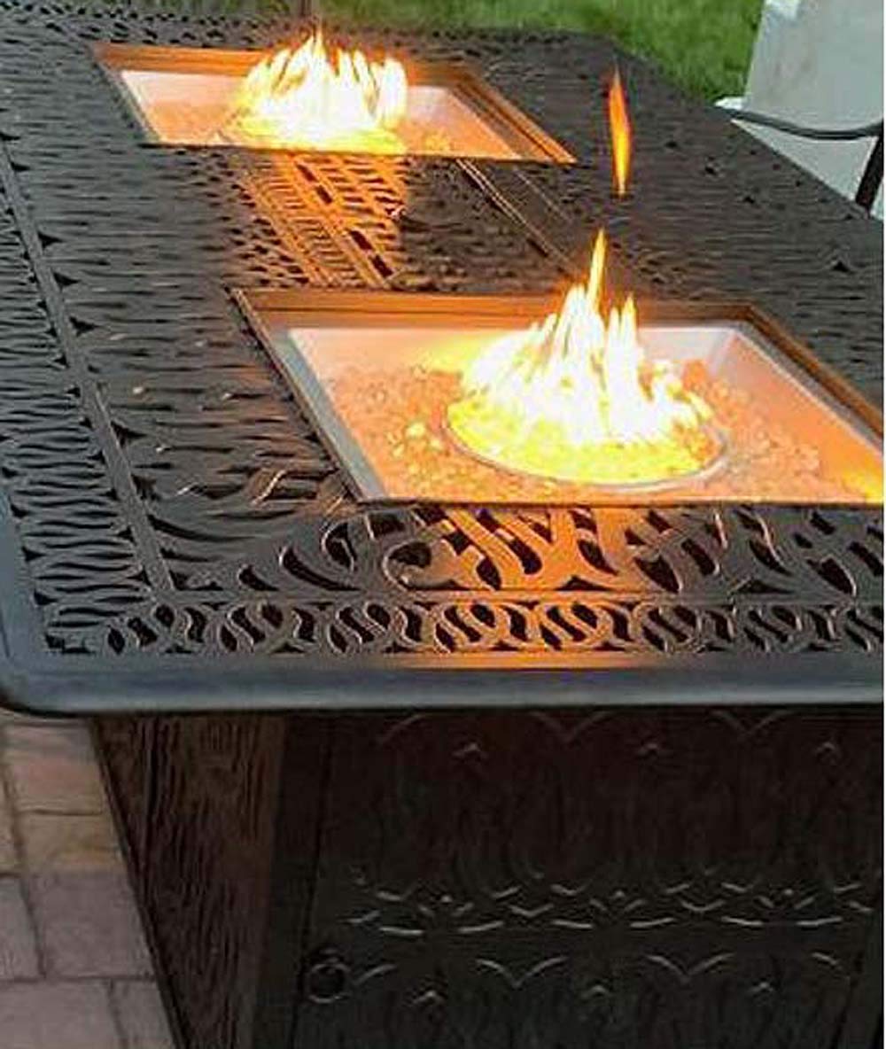 Sunvuepatio 7 Piece Outdoor Cast Aluminum Dining Set with Fire Pit Table All Swivel Rocker Chairs.