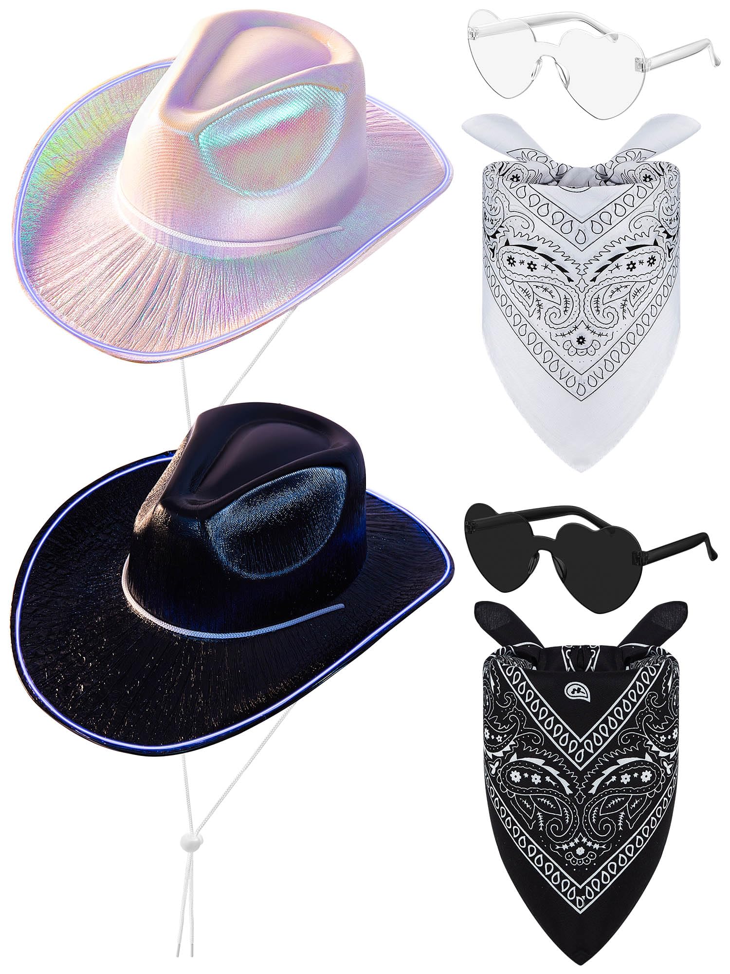 Hercicy 6 Pcs Lighted Cowboy Hat Set with LED Flashing Holographic Cowgirl Hat with Glasses and Bandana(Blue, White)