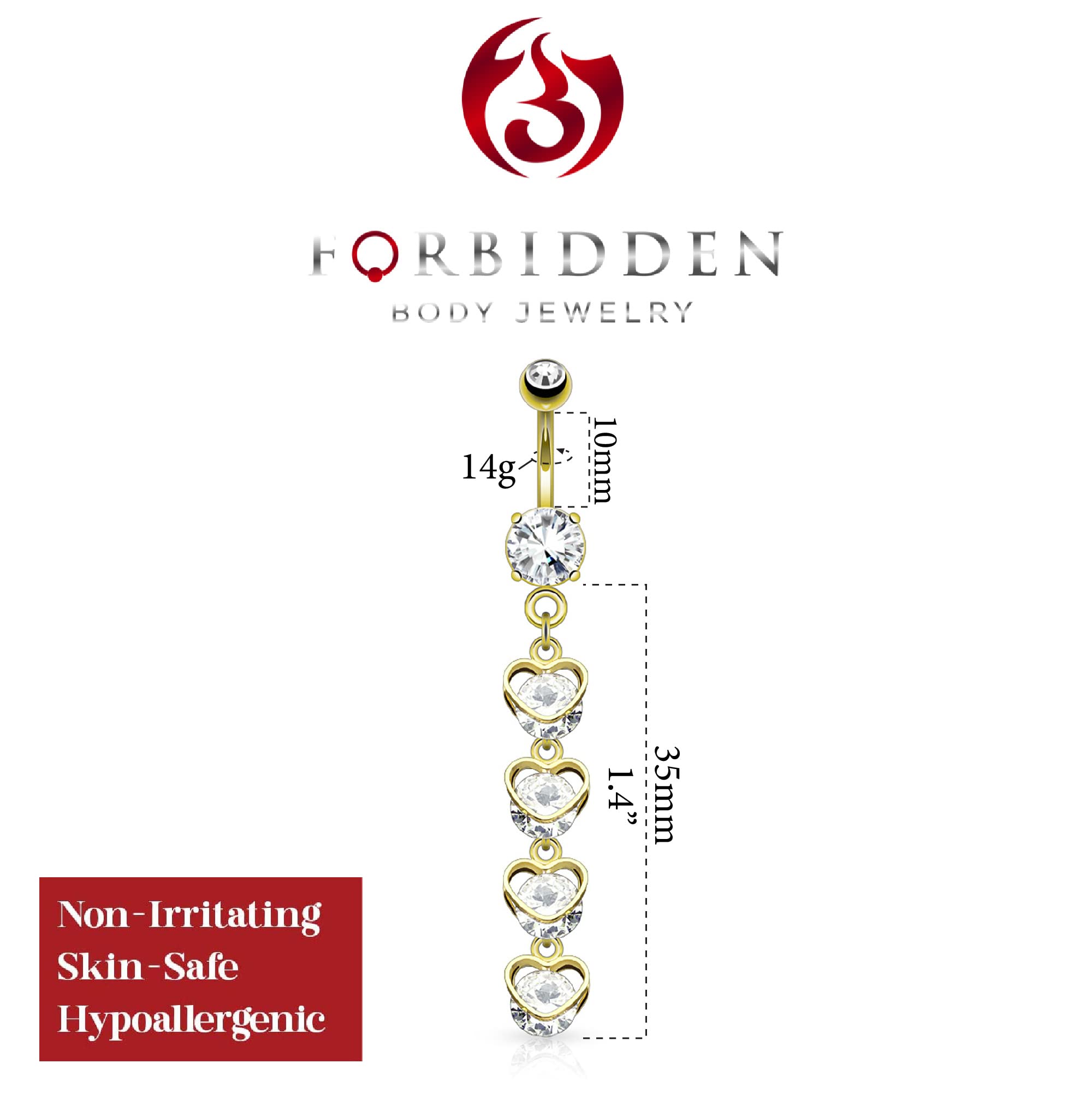 Forbidden Body Jewelry 14k Gold Plated Surgical Steel CZ Cascade of Hearts Dangle Belly Button Ring