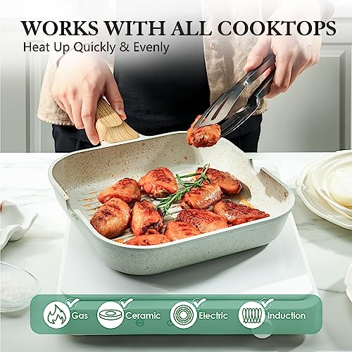 SENSARTE Nonstick Ceramic Grill Pan for Stove Tops, Versatile Square Grilling Pan with Pour Spouts, Durable Grill Skillet for All Stoves(Gas,Electric,Induction) Non Toxic-PTFE,PFAS,PFOA Free, 9.5Inch