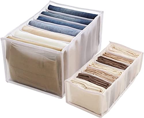 MBVBN Drawer Organizers for Clothing Wardrobe Clothes Organizer, 7 Grids Jeans Compartment Storage Box Foldable Closet Organizer Mesh Separation (White, Medium+Large)