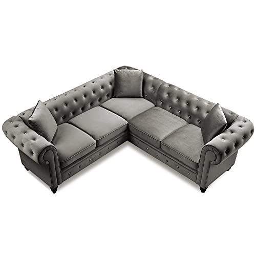 SIYAHOME Sofas & Couches 80 x 80 x 28β Deep Button Tufted Velvet Upholstered Rolled Arm Classic Chesterfield L Shaped Sectional Sofa 3 Pillows Included, Grey, 808028