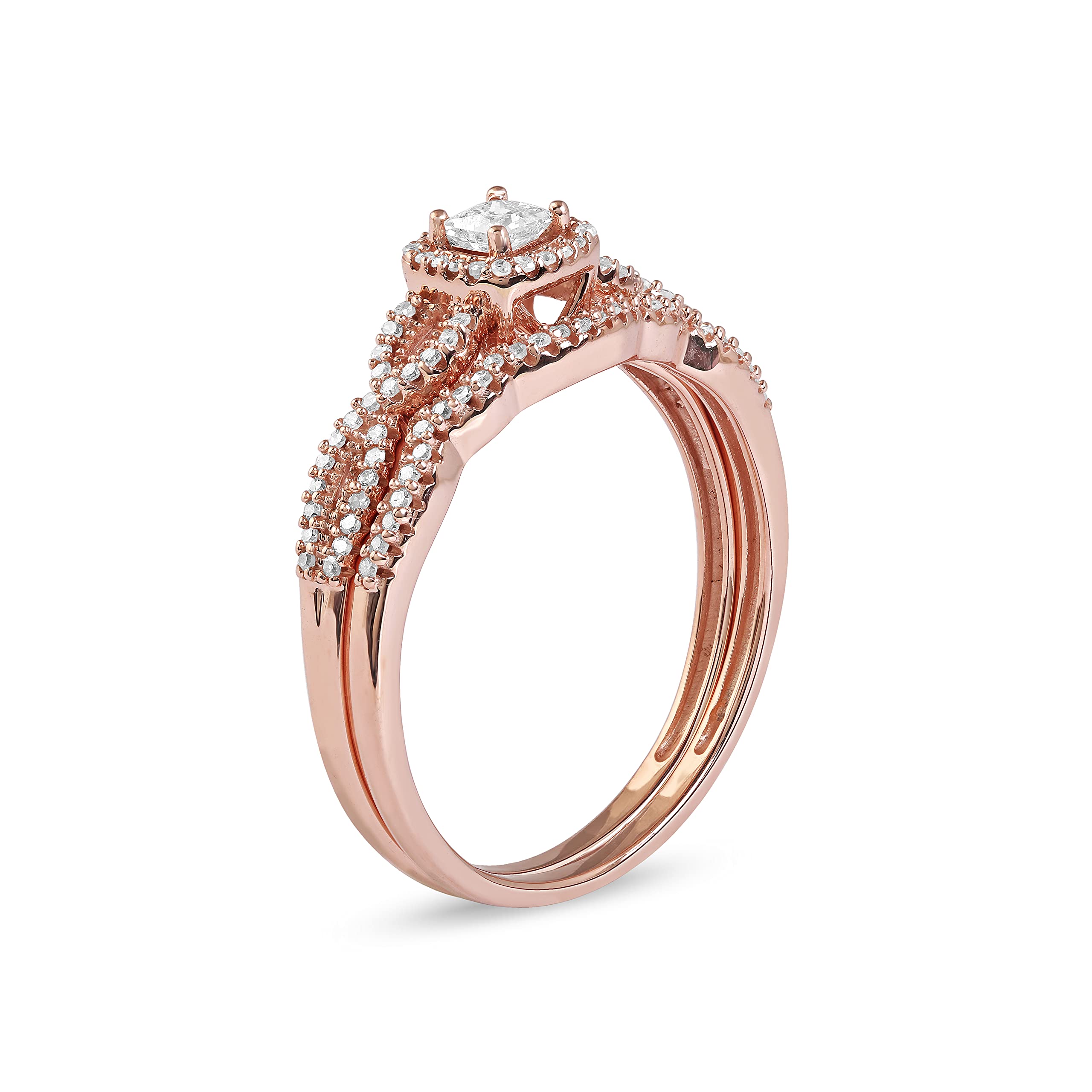 DZON IGI Certified 10k Rose Gold 3/8CT TDW Princess & Round Cut Diamond Halo Engagement Ring Set Love Gift for Women (I-J, I2)