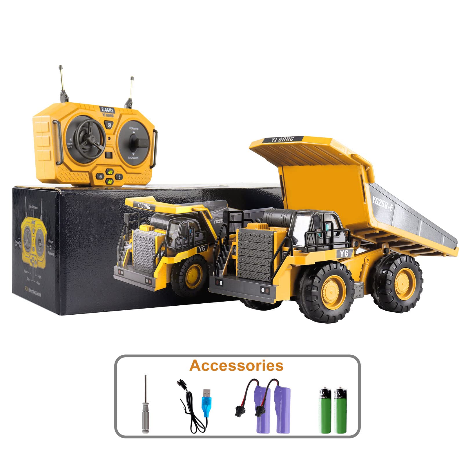 Dwi Dowellin Remote Control Dump Truck Toys for Boys 4-7,Construction Rc car with Metal Bed Lights/Sounds for Kids Age 8-12 Year Old,Ideal for Boys Age 3+